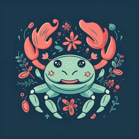 Illustration Of A Crab With A Flower Crown And A Ribbon Around Its Neck