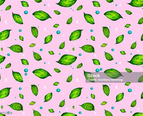 육즙이 많은 녹색 잎과 반짝이는 물 방울로 매끄러운 배경 직물 배경 화면 포장 또는 자연의 마법의 아름다움에 대한 디자인