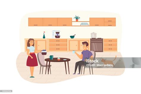 부엌 장면에서 아침 식사를하는 커플 여자와 남자는 함께 커피를 먹고 마십니다 가정 가족 및 관계 개념에서 음식을 요리합니다 인물 캐릭터의 벡터 그림 가정 주방에 대한 스톡