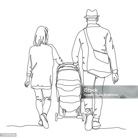 유모차를 끌고 걷는 커플 뒷모습 한 줄 그리기 라인 아트 스타일의 흑백 벡터 그림입니다 가족에 대한 스톡 벡터 아트 및 기타