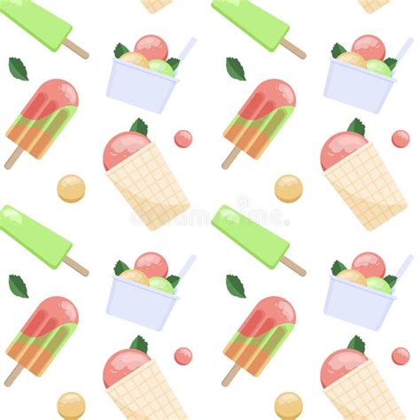 Seamless Pattern With Cute Cartoon Style Ice Cream White Background