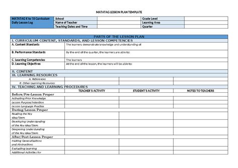 Daily Lesson Plan Format Matatag Curriculum Printable Free Templates