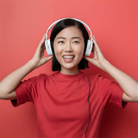 Happy Asian Woman Listening To Music On Headphones Premium Ai