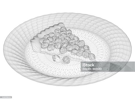 흰색 배경에 격리된 검은색 선으로 만든 접시에 딸기가 있는 파이 조각의 와이어프레임 아이소메트릭 뷰 3d 벡터 그림입니다 3차원 형태에 대한 스톡 벡터 아트 및 기타 이미지