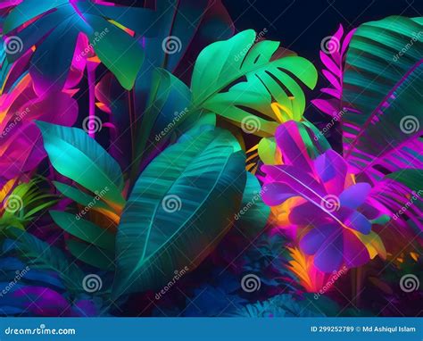 Beautiful Tropical Leaves In Neon Light 3d Render Illustration Stock