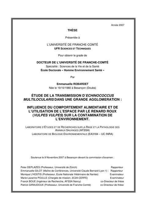 Pdf Étude De La Transmission Dechinococcus Multilocularis Dans Une