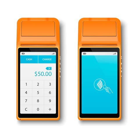 벡터 3d 주황색 Nfc 결제 시스템은 금액 및 Wifi 기호가 있는 격리된 Wifi 무선 결제 화면 은행 결제 비접촉식 터미널 모형의 Pos 터미널 기계 디자인 템플릿