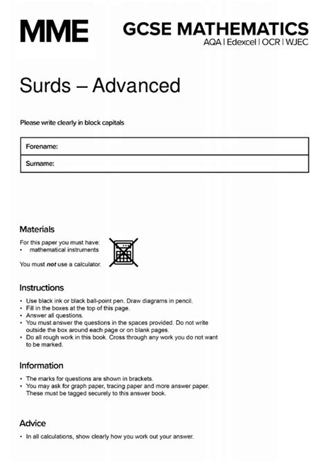 Advanced Gcse Surds Worksheet Grade 8 9 Challenge Maths Stuvia Uk