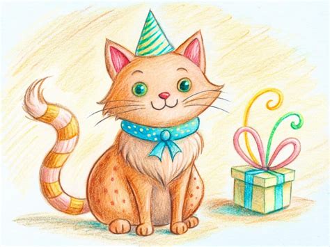 Premium Photo Free Hand Drawn Illustration Cute Cat In Happy Birthday