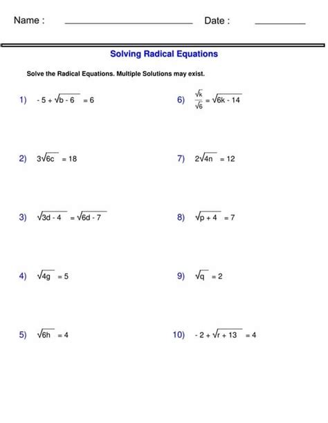Solving Radical Equations Radicals Worksheets Solve The Radical