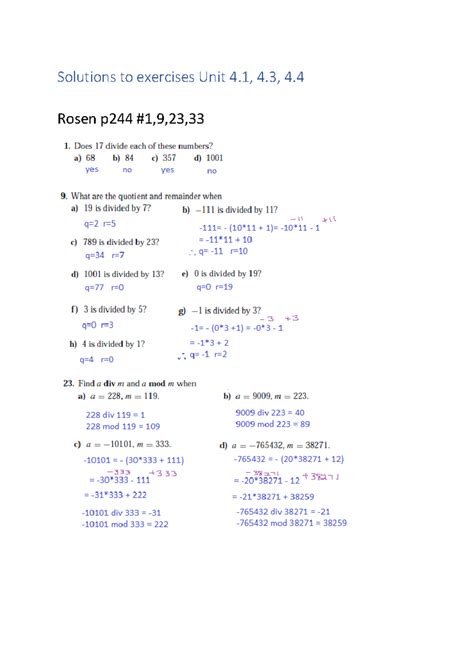 Solutions Unit 4 Answers To Unit 4 Solutions To Exercises Unit 4 4