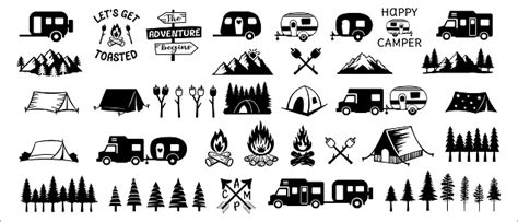 캠핑 벡터 일러스트 레이 션 세트입니다 캠핑 텐트와 산 아이콘입니다 야영자 트레일러 마시멜로 캠프 파이어 소나무 벡터 스톡