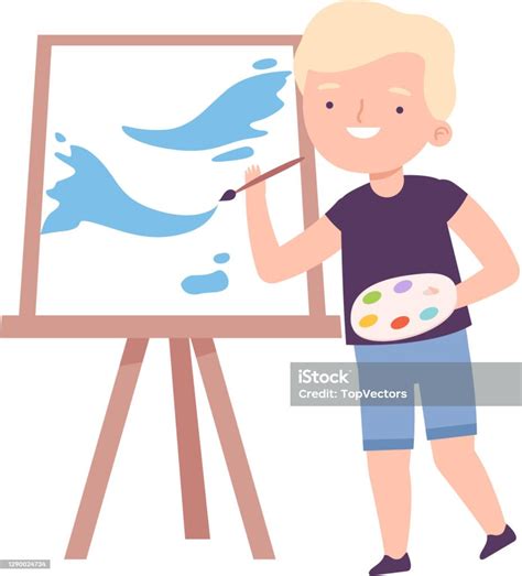 캔버스에 웃는 소년 그림 작은 예술가 캐릭터 그리기 바다 파도 페인트 만화 스타일 벡터 일러스트와 이젤에 스플래시 남성에 대한