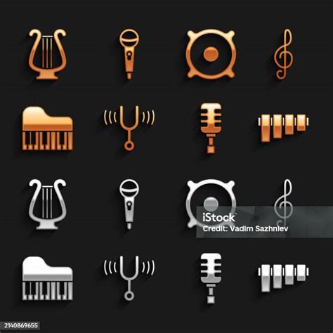 음악 소리굽쇠 고음 음자리표 팬 플룻 마이크 그랜드 피아노 스테레오 스피커 고대 거문고 및 아이콘을 설정합니다 벡터 피아노