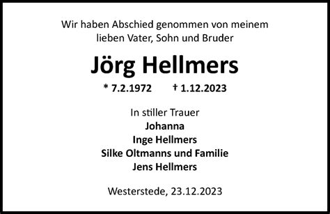 Traueranzeigen Von Jörg Hellmers Nordwest Trauerde