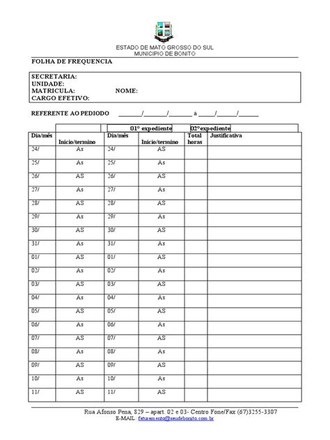 Folha De Frequencia Modelo Pdf