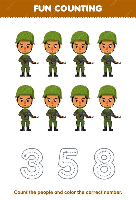어린이를 위한 교육 게임은 귀여운 만화 군대 인쇄 가능한 직업 워크시트에서 그림을 세고 정확한 숫자를 색칠합니다 프리미엄 벡터