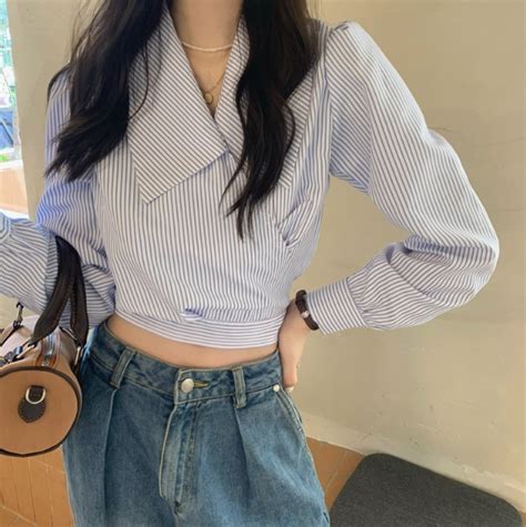 빠른배송 디어제인 빅카라 스트링 리본 스트라이프 줄지 셔링 크롭 셔츠 남방