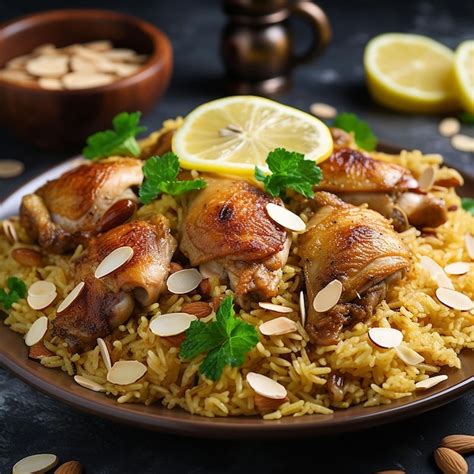 Premium Photo Kabsa Chicken Biryani Arabic Food With Chicken And Almonds With Lemon On A Plate