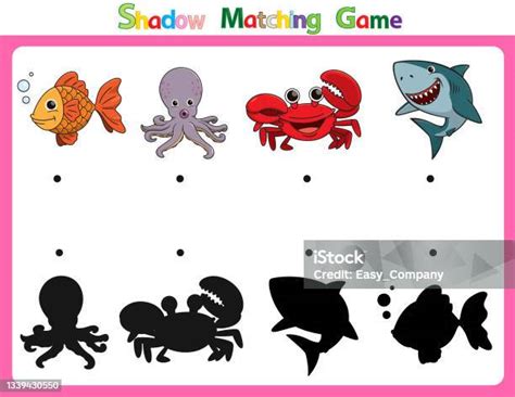 다른 모양의 그림자를 학습하기위한 벡터 그림입니다 어린이를위한 마녀 4 만화 이미지 물고기 문어 게 상어 그림자에 대한 스톡