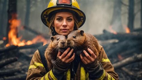 Premium Photo Female Firefighter Holding A Beaver In Her Arms