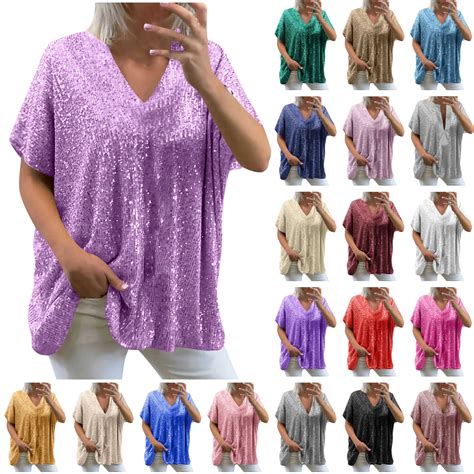 Womens Plus Size Sequin Tops Short Sleeve Trendy Loose Glitter Sparkle