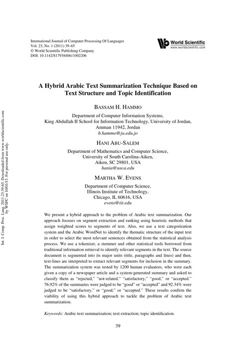 Pdf A Hybrid Arabic Text Summarization Technique Based On Text Structure And Topic Identification