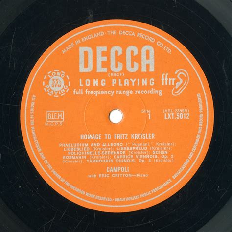 カンポーリ 「クライスラーへのオマージュ」 Decca Lxt5012 Decca Emi Dgg 初期盤・クラシック アナログ・レコード