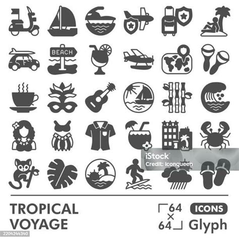 열대 항해 기호 모음 또는 스케치 웹 및 앱용 글리프 스타일 표지판의 여행 여행 테마 흰색 배경에 고립된 벡터 그래픽입니다