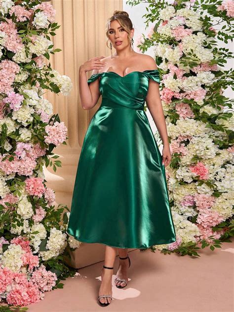 Shein Belle Plus Size Elegant And Luxurious Sequin Off Shoulder Mid Calf