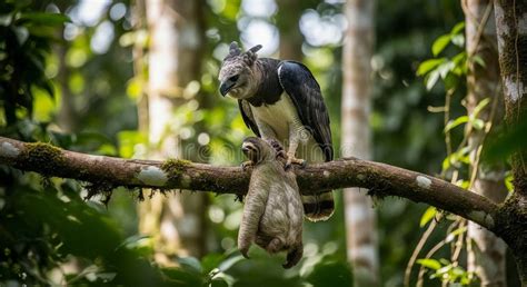Majestic Harpy Eagle Perched On A Tree Branch In A Lush Rainforest Holding A Sloth Stock