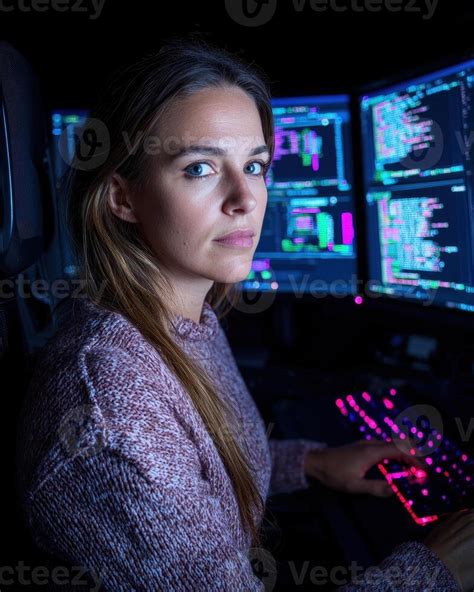 Focused female programmer working late at night on multiple computer ...