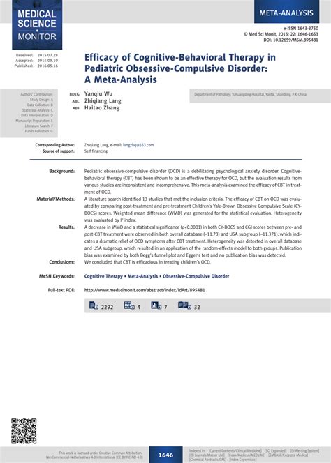 Pdf Efficacy Of Cognitive Behavioral Therapy In Pediatric Obsessive Compulsive Disorder A