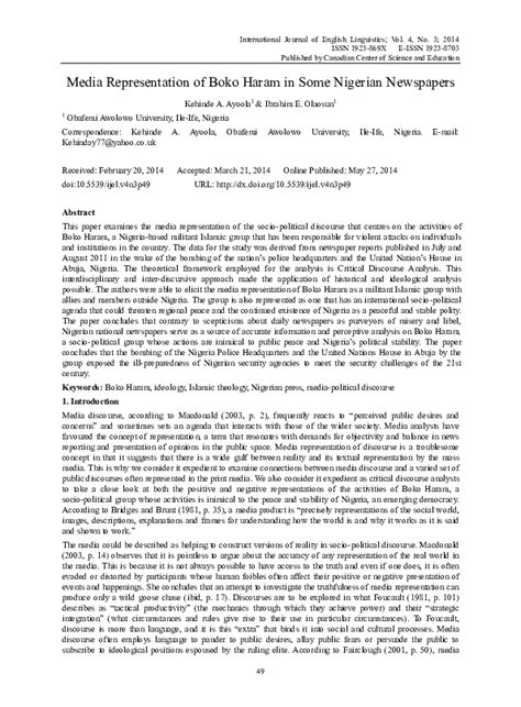 Pdf Media Representation Of Boko Haram In Some Nigerian Newspapers