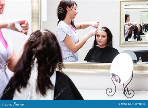 Hairdresser Applying Color Female Customer At Salon Doing Hair Dye Stock Image Image Of