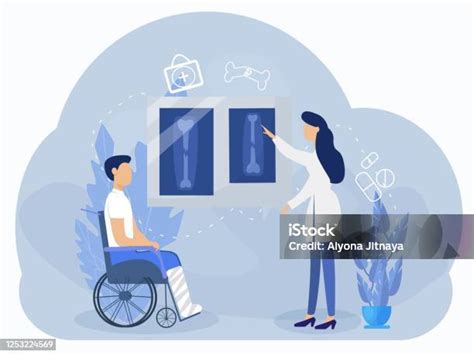 정형 외과 의료 개념 다리 골절과 의사와 장애인의 벡터 그림 그래픽 플랫 디자인검사 지원 개념에 대한 스톡 벡터 아트 및 기타 이미지 Istock