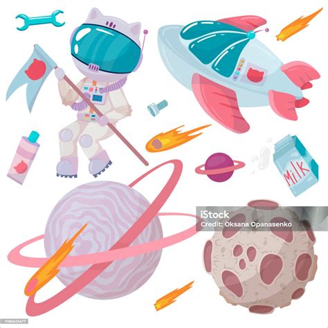 우주비행사 일련의 물체 Ufo 우주선 로켓 태양계 은하 행성 소행성 혜성 별똥별 흰색 배경에 만화 스타일의 벡터 그림 개념에 대한 스톡 벡터 아트 및 기타 이미지 Istock