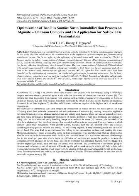 Pdf Optimization Of Bacillus Subtilis Natto Immobilization Process On