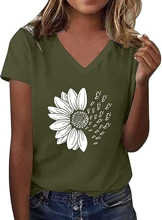 Generisch Tshirt Für Damen Sommer Sonnenblume Kurzarm V Ausschnitt T
