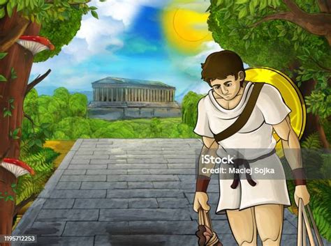 도시로 가는 길에 사원과 같은 고대 건물 근처의 로마 또는 그리스 고대 캐릭터가있는 만화 장면 건축에 대한 스톡 벡터 아트 및 기타 이미지 Istock