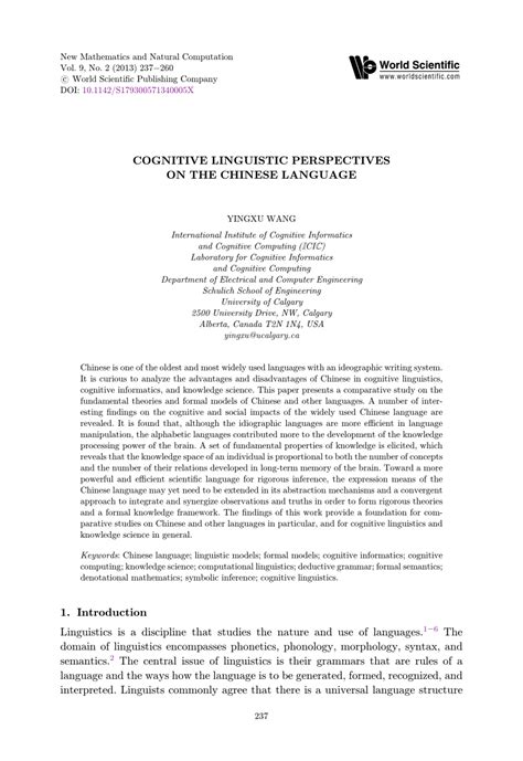 Pdf Cognitive Linguistic Perspectives On The Chinese Language