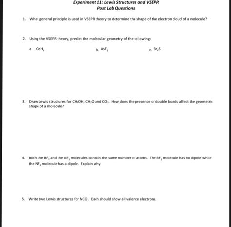 Solved Experiment Lewis Structures And VSEPR Post Lab Chegg