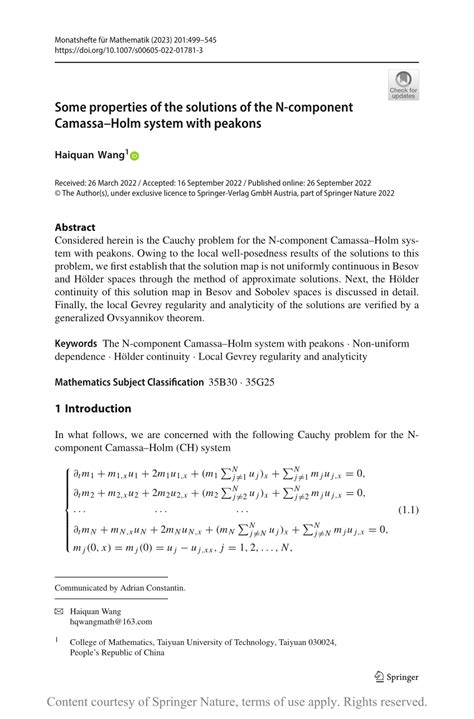 Some Properties Of The Solutions Of The N Component Camassaholm System With Peakons