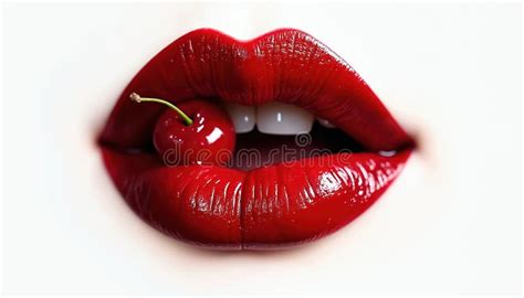 Close Up Of Woman Red Lips With Cherry Female Mouth With Glossy
