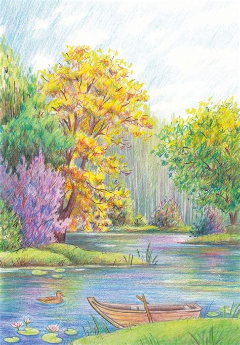 Осенний пейзаж рисунок цветными карандашами 70 фото