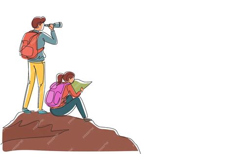 Premium Vector Continuous One Line Drawing Couple Hikers With