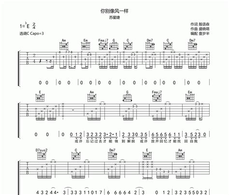 你别像风一样吉他谱 苏星婕《你别像风一样》六线谱 吉他谱d调 318曲谱