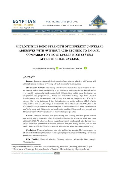 Pdf Microtensile Bond Strength Of Different Universal Adhesives With Without Acid Etching To