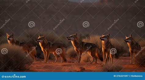 A Pack Of Coyotes Howling In The Desert At Dusk Concept Of Wilderness