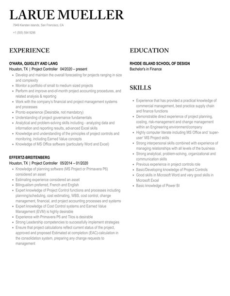 Project Controller Resume Samples Velvet Jobs